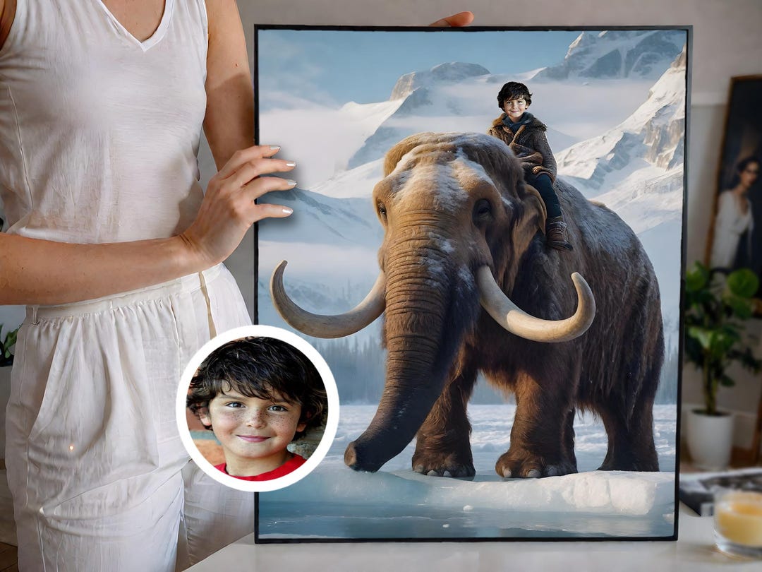 Personalized Child Riding Mammoth in North Pole Portrait, Jurassic ...