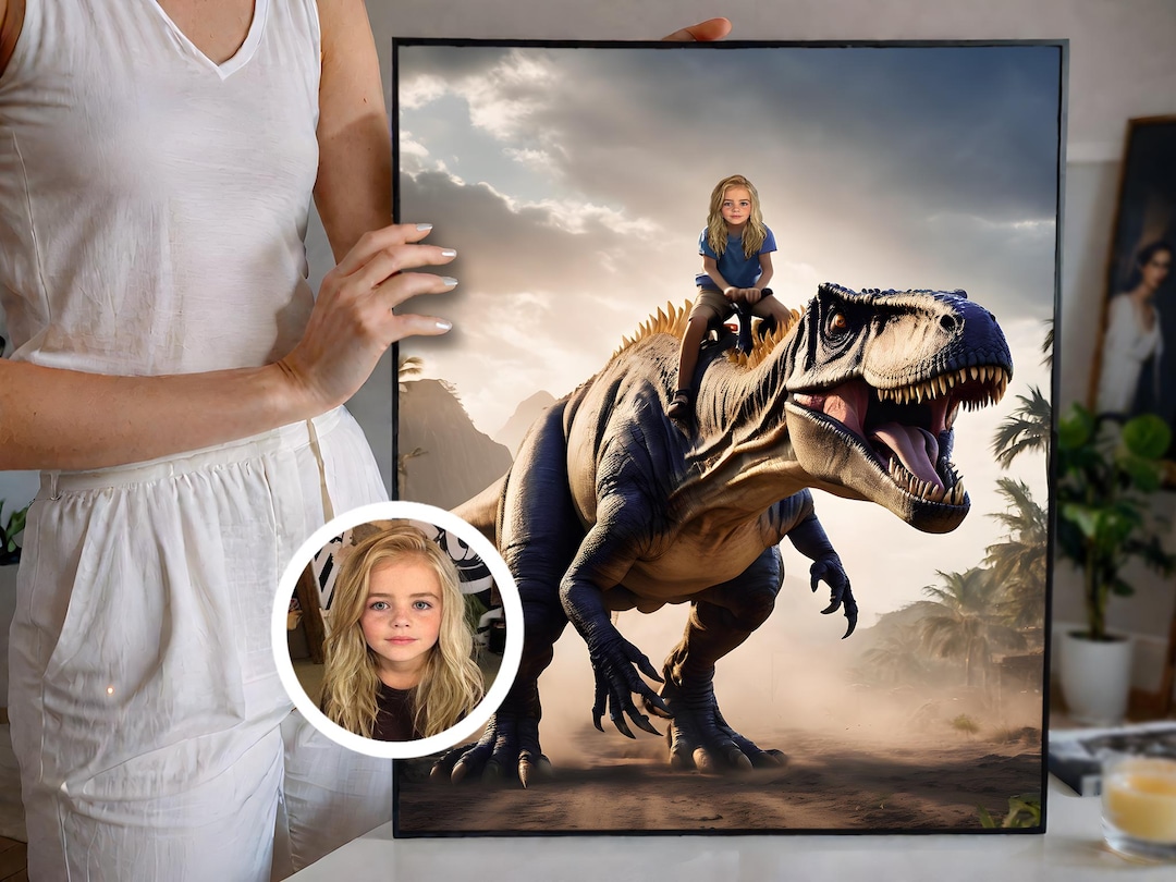 Custom Girl Riding T-rex Jurassic Dinosaur Portrait, Custom Portrait ...