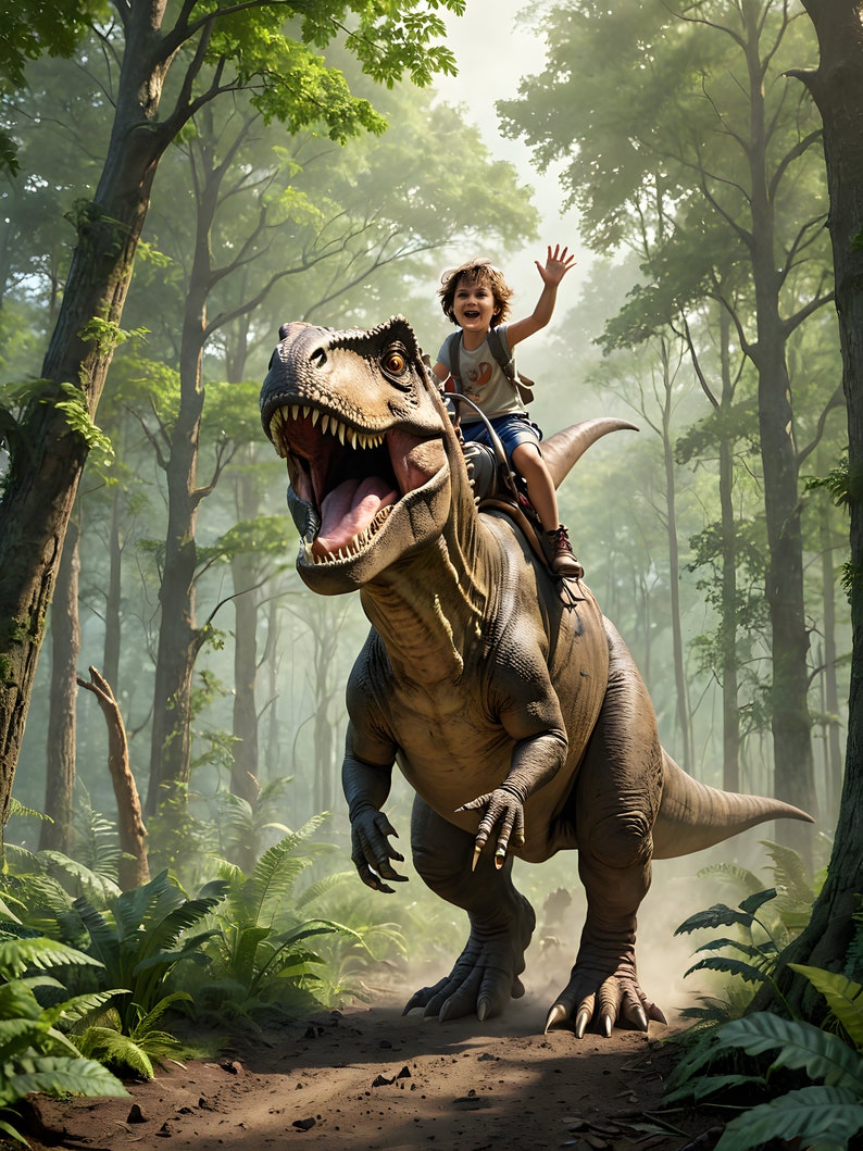 Personalized Child Riding T-rex Jurassic Dinosaur Portrait, Custom ...