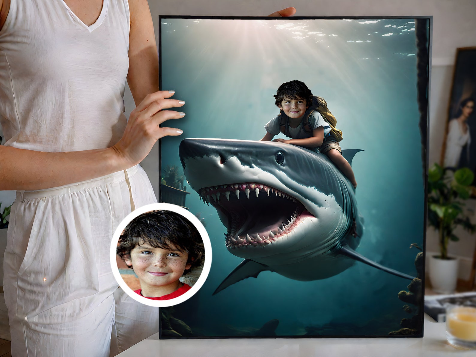 Personalized Child Riding Shark Portrait, Custom Megalodon Portrait ...