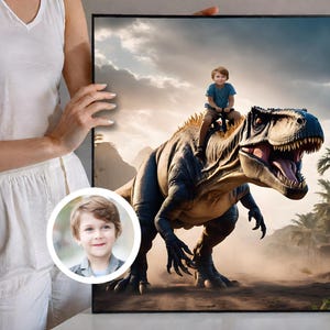 Personalized Child Riding T-rex Jurassic Dinosaur Portrait, Custom ...