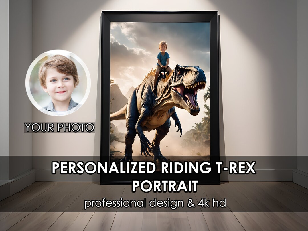 Personalized Child Riding T-rex Jurassic Dinosaur Portrait, Custom ...