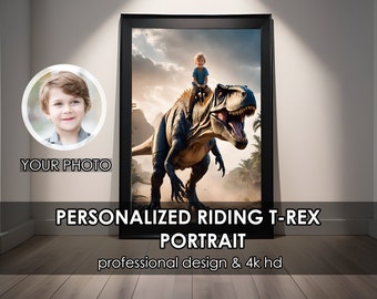 Personalized Child Riding T-rex Jurassic Dinosaur Art, Custom Portrait ...