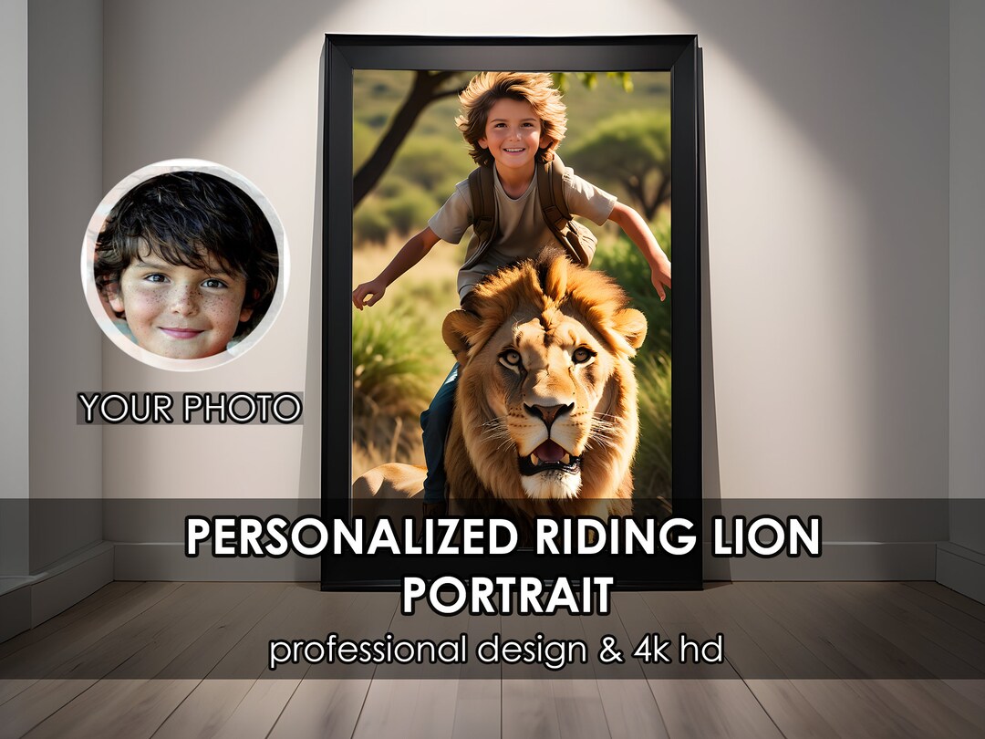 Personalized Portrait Boy Riding Lion İn Savannah, Child Portrait ...