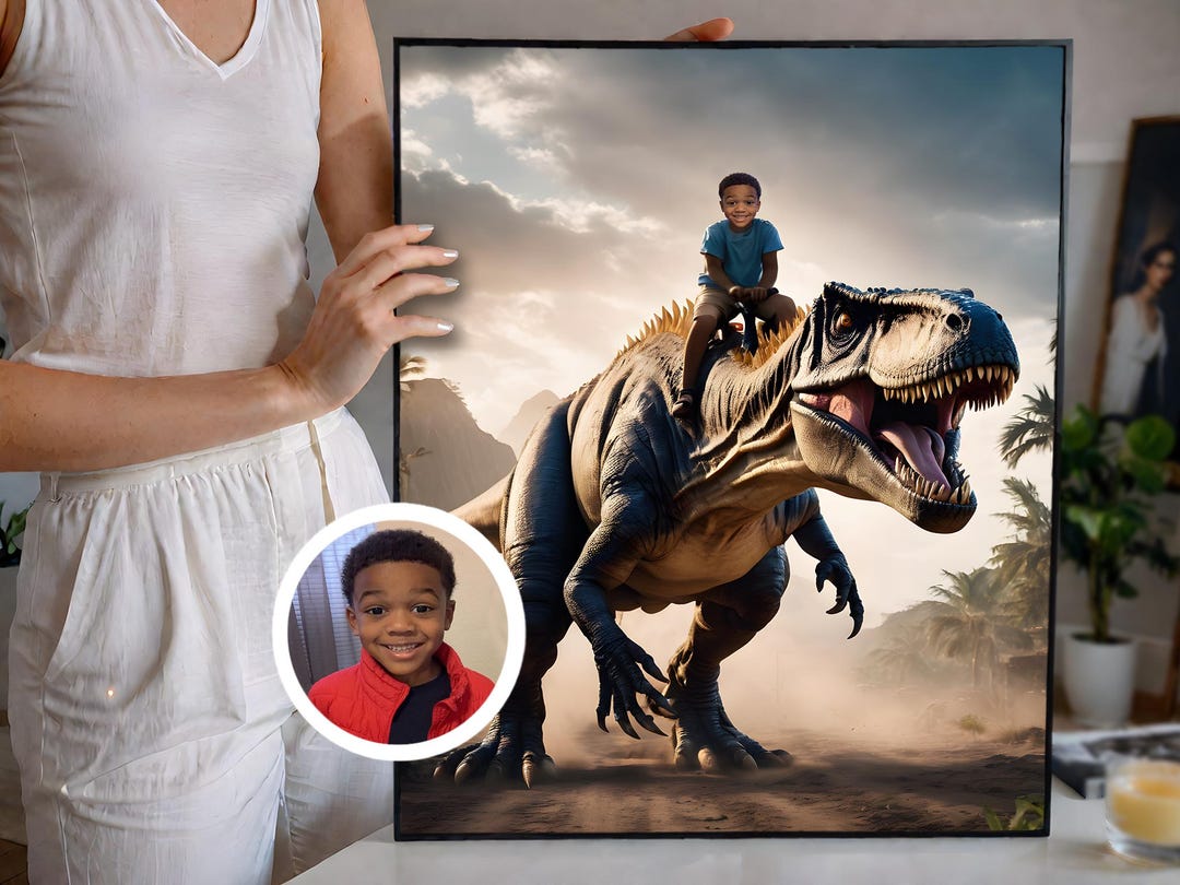 Personalized Boy Riding T-rex Portrait: Custom Jurassic Dinosaur Art - Etsy