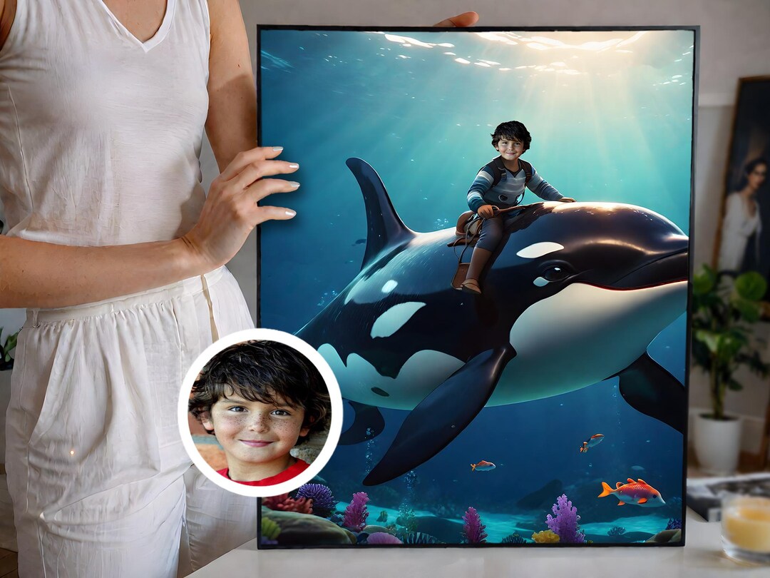 Personalized Child Riding Orca Portrait, Custom Orca Portrait From ...