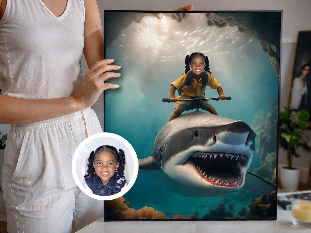 Personalized Child Riding Megalodon Portrait: Custom Shark Art - Etsy