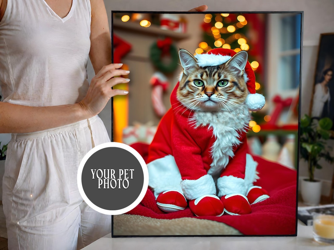 Custom Christmas Pet Portrait, Christmas Santa Cat Portrait ...