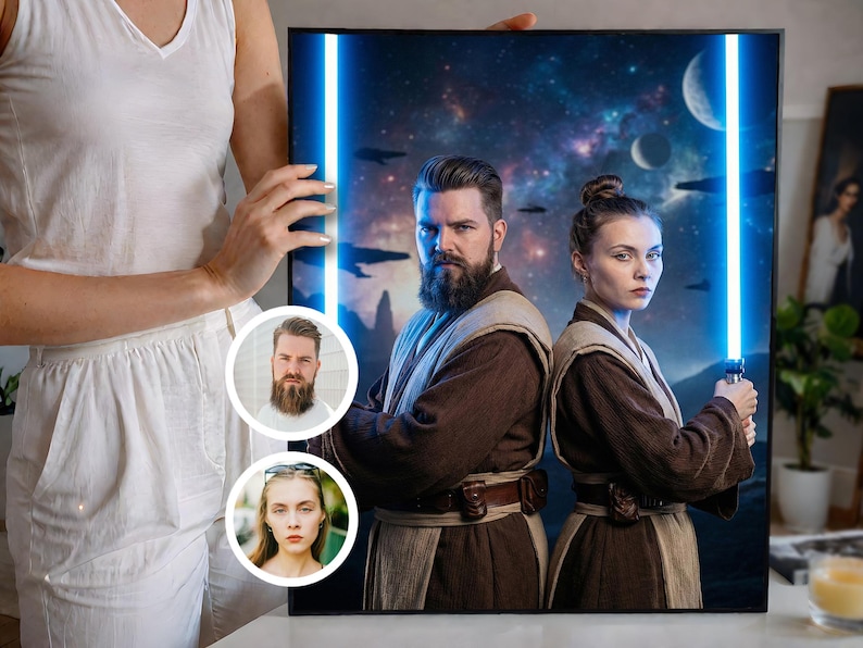 Custom Jedi Couple Portrait From Photo, Personalized Star Wars Art ...
