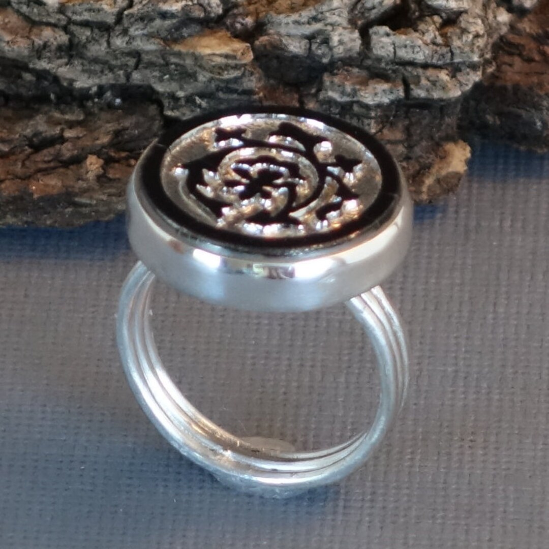 Button Ring, Antique Glass Button Ring, Silver Ring, Black Statement ...