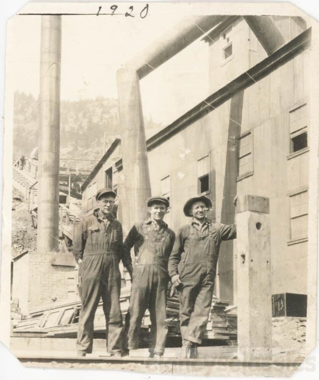 Vintage Photo 1920 Three Men Coverall Overall Caps Occupational Mill ...