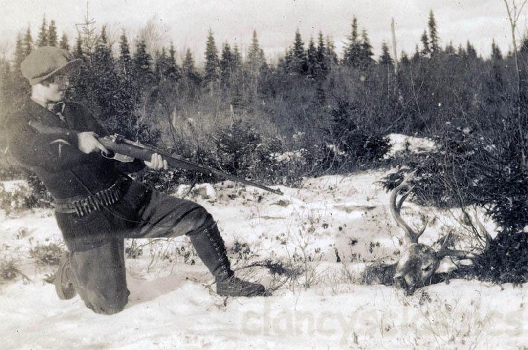 Vintage Photo 1927 Huntress Woman Gun Bullet Belt Rifle Shoots Deer in ...