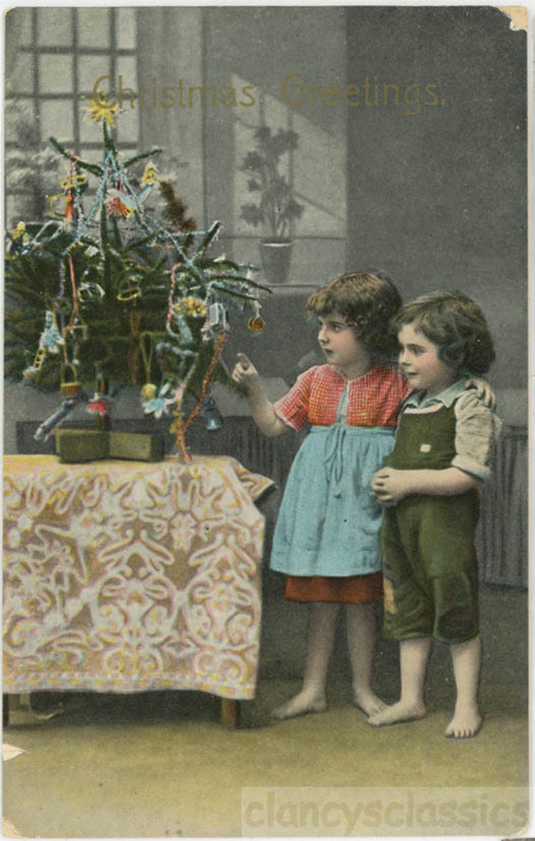 Vintage 1915 Children Admire the Christmas Tree Hand Colored Photo ...