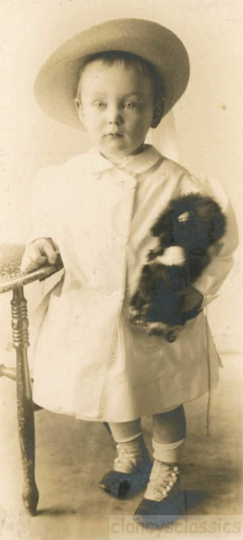 Vintage Snapshot 1912 Little Boy White Coat Hat Holds Toy Dog W Wheels ...