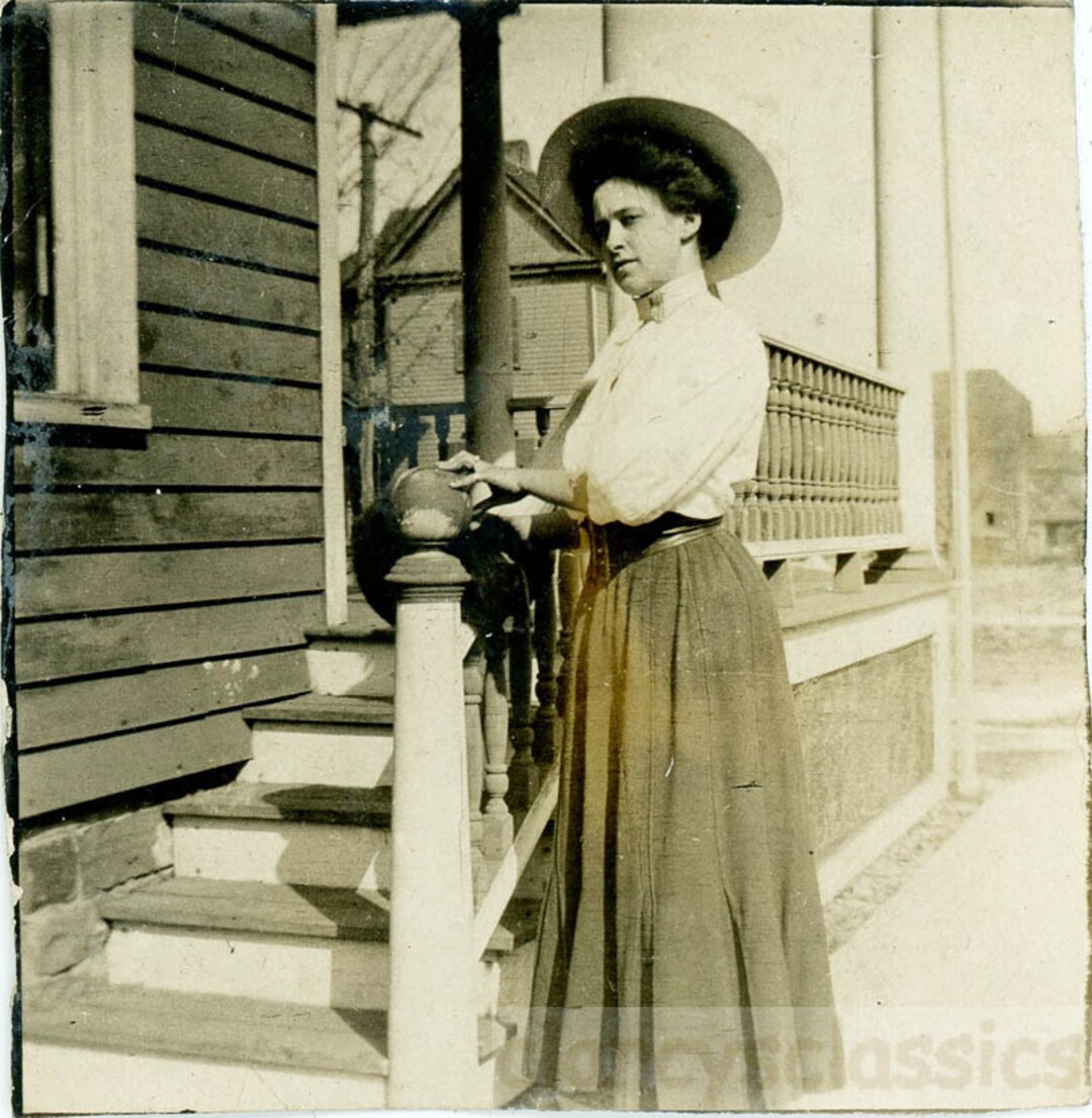 Vintage Photo 1912 Young Woman Western Skirt Blouse Big Hat by Porch 35 ...