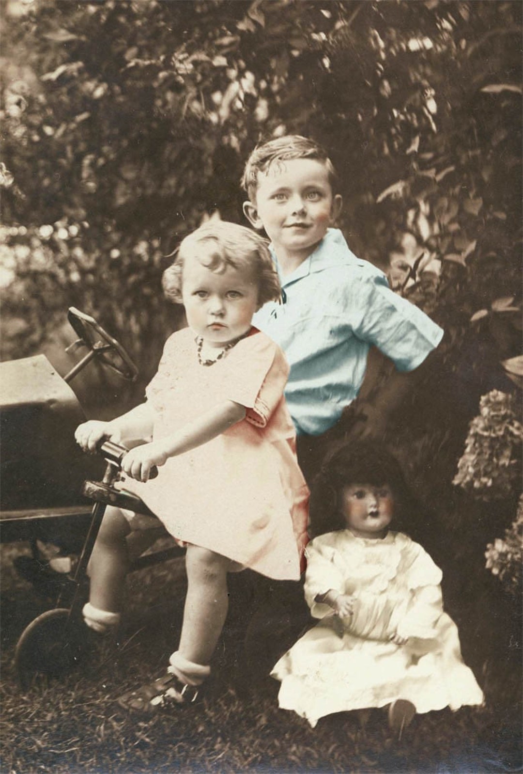 Beautiful Dreamy Brother Sister Doll Toy Car Trike Tinted Photograph - Etsy