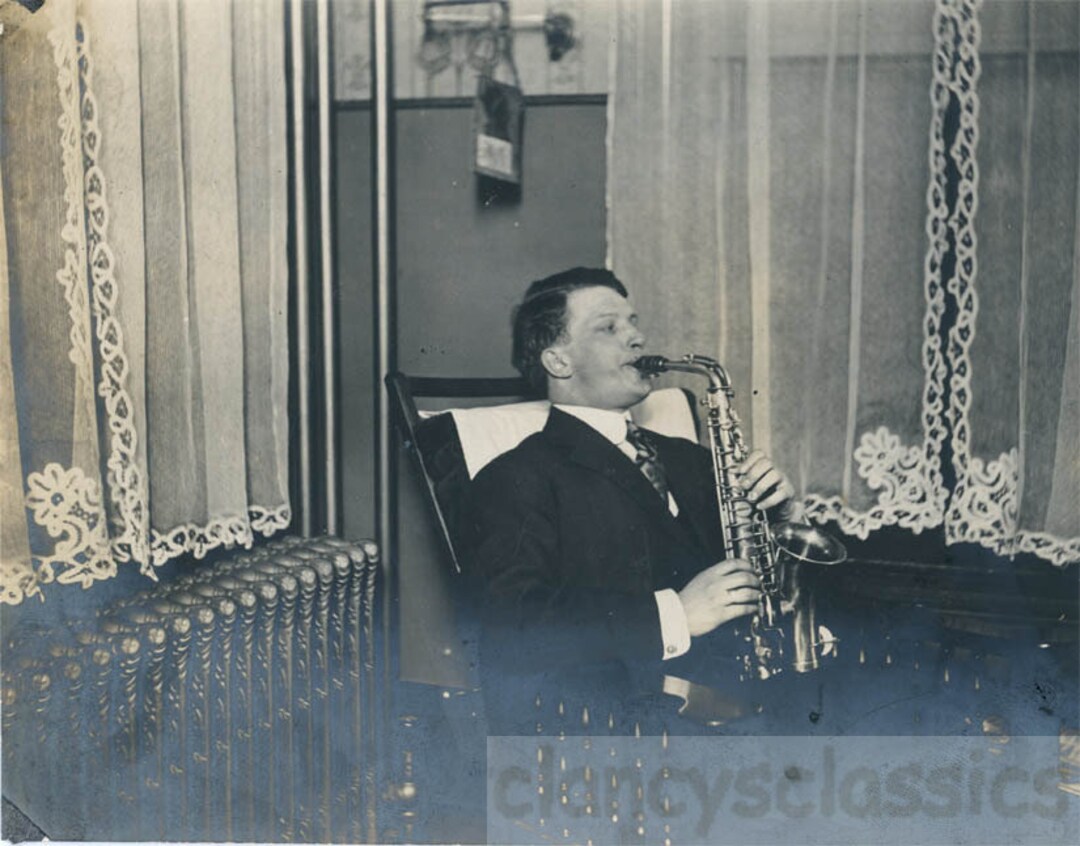 Vintage Photo 1911 Man Plays Saxophone in Victorian Room Early Steam ...