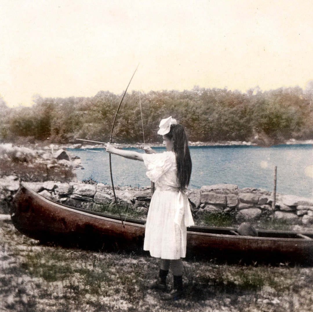 Vintage Photo Reprint Girl as Cupid W Bow and Arrow by Canoe and Lake ...