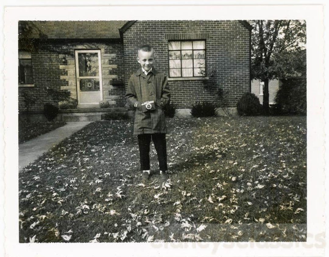 Vintage Snapshot 1954 Little Boy Wearing Snapshot Camera Stands on Leaf ...