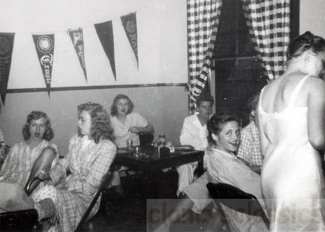 Vintage Photo 1950 College Young Women Pajama Party Slip Robes Pennants ...