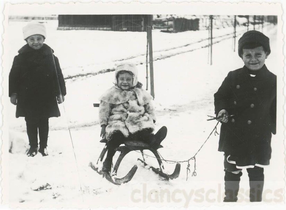Vintage Photo 1929 Children Out in Snow Brother Pulls Her on Sled66 R ...