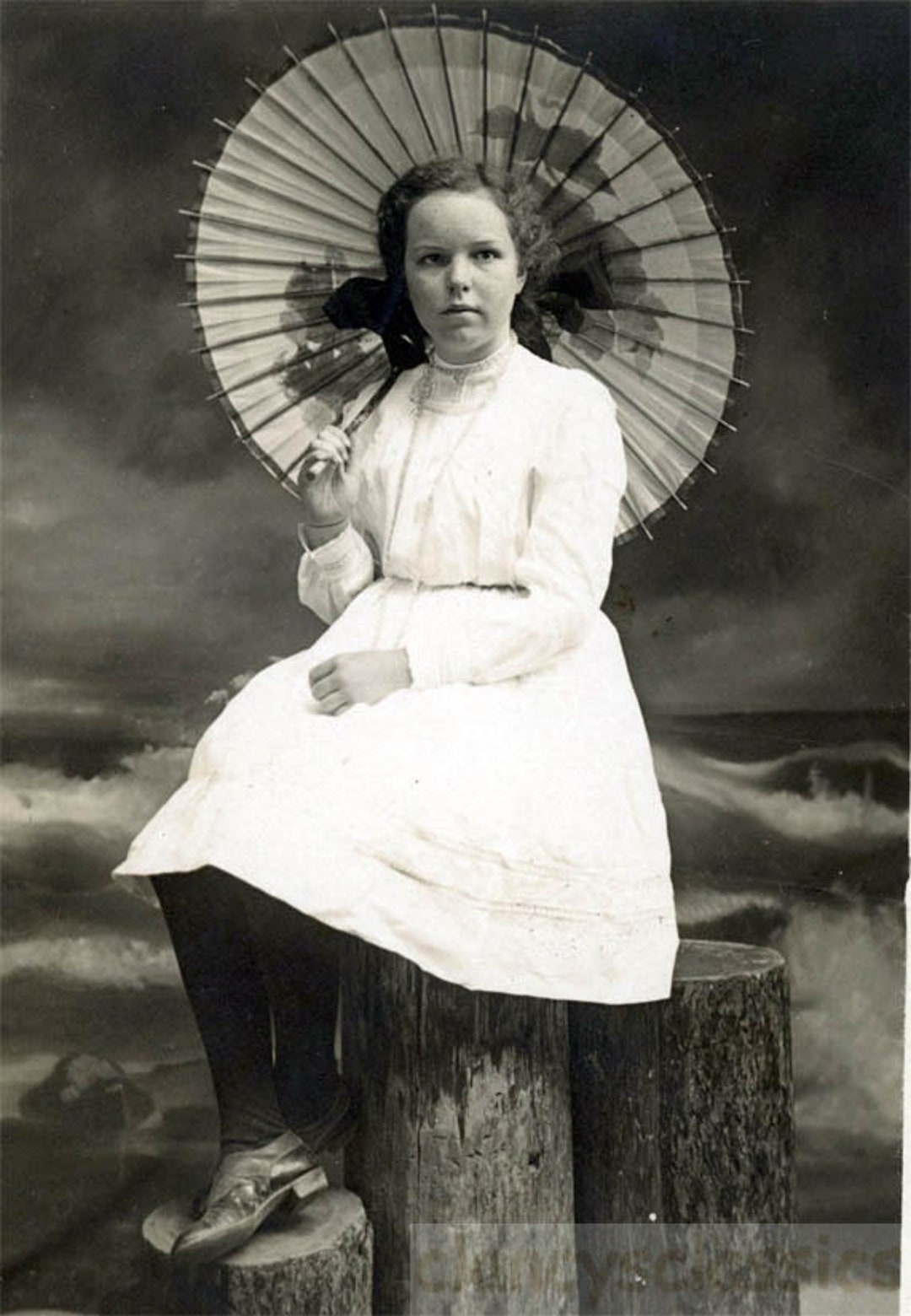 Vintage Photo 1914 Young Lady Annie Leith Holds Parasol Sits Beach ...