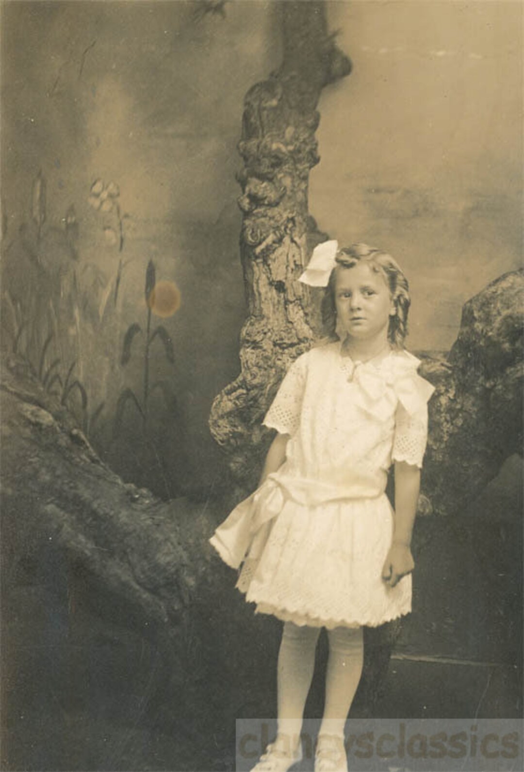 Vintage Photo 1913 Blond Ringlet Girl Bow in Hair Leans on Tree Burl ...