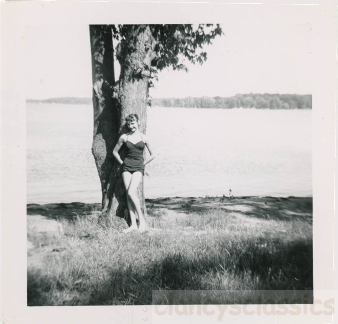 Vintage Photo 1955 Coy Pose Bathing Beauty Stands by Tree at the Lake ...