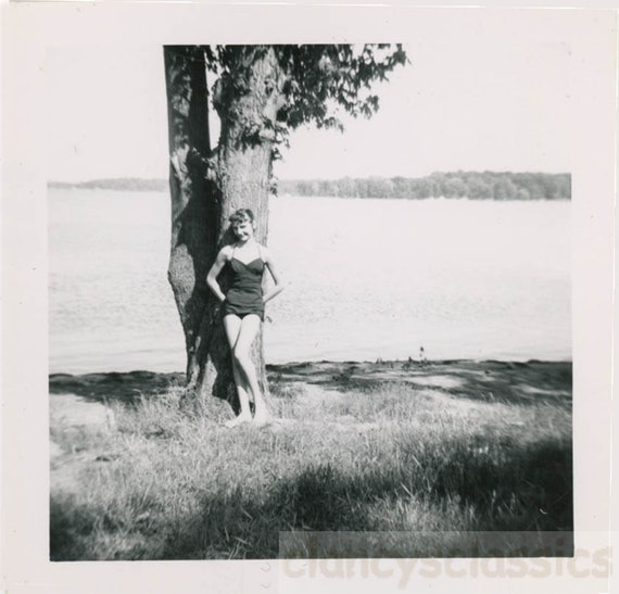 Vintage Photo 1955 Coy Pose Bathing Beauty Stands by Tree at | Etsy