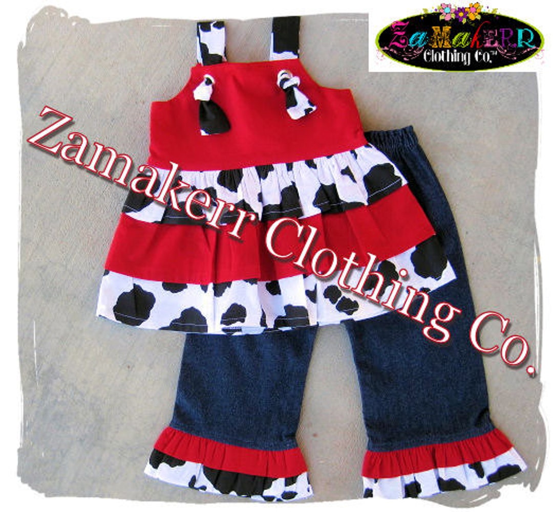 Girl Cow Outfit Custom Boutique Clothing Cow N Red Top Ruffle Pant Set ...