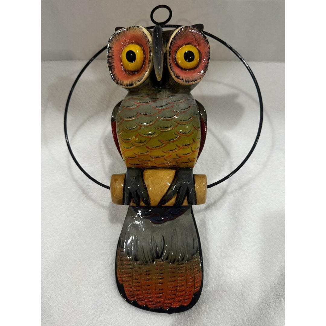 Hand Painted Carved Wood Owl on Swing Colorful Lightweight 14" Tall - Etsy