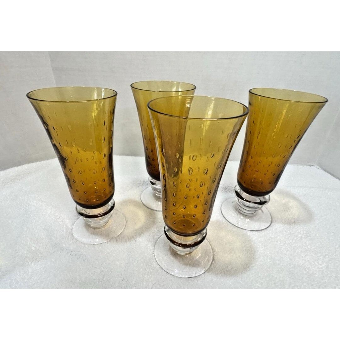 Zrike Amber Glass Pavilion Iced Tea Goblet Bubbles 7.75" Tall Set of 4 ...