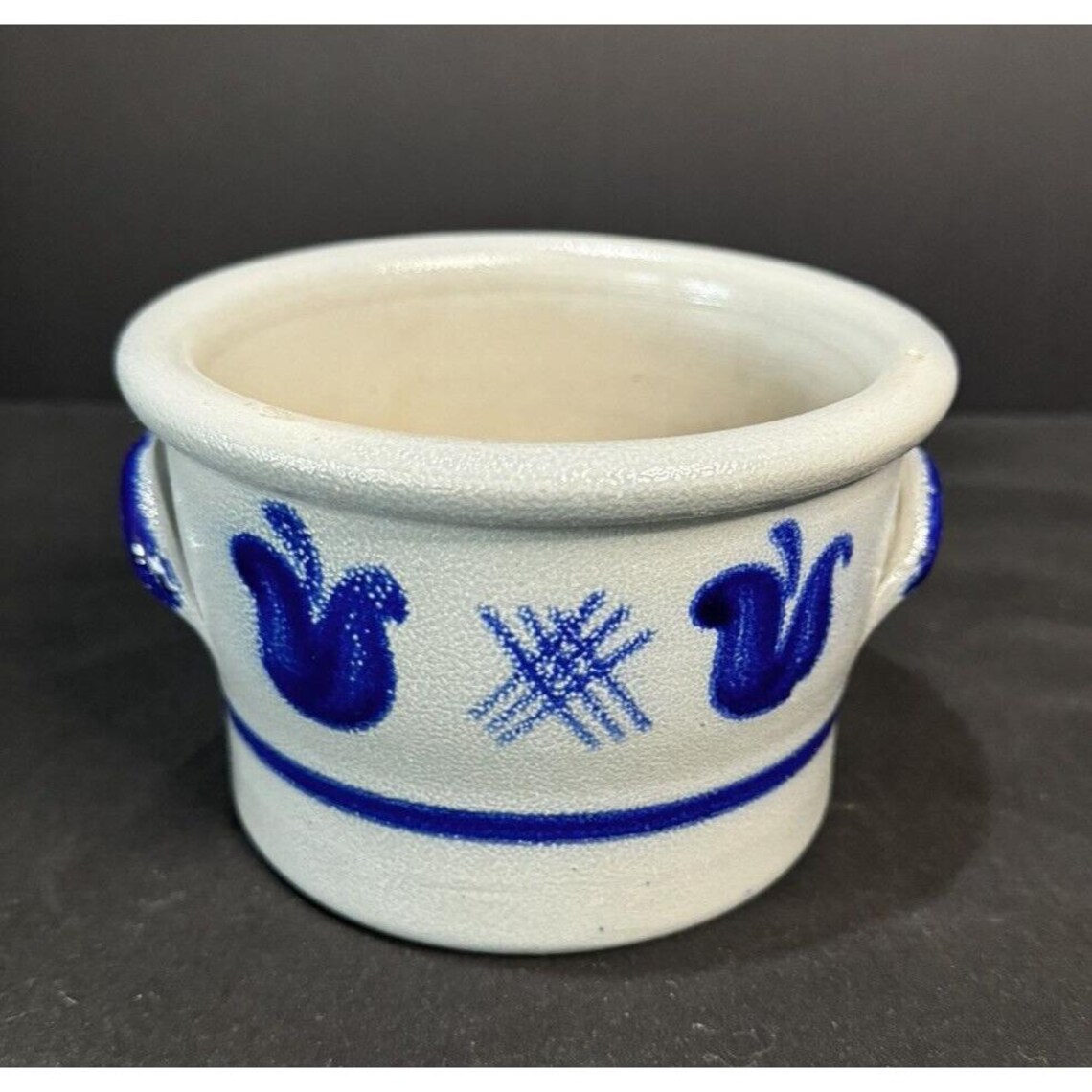 Salt Glazed Blue Gray Earthenware Bowl W/handles Cobalt Tulips ...