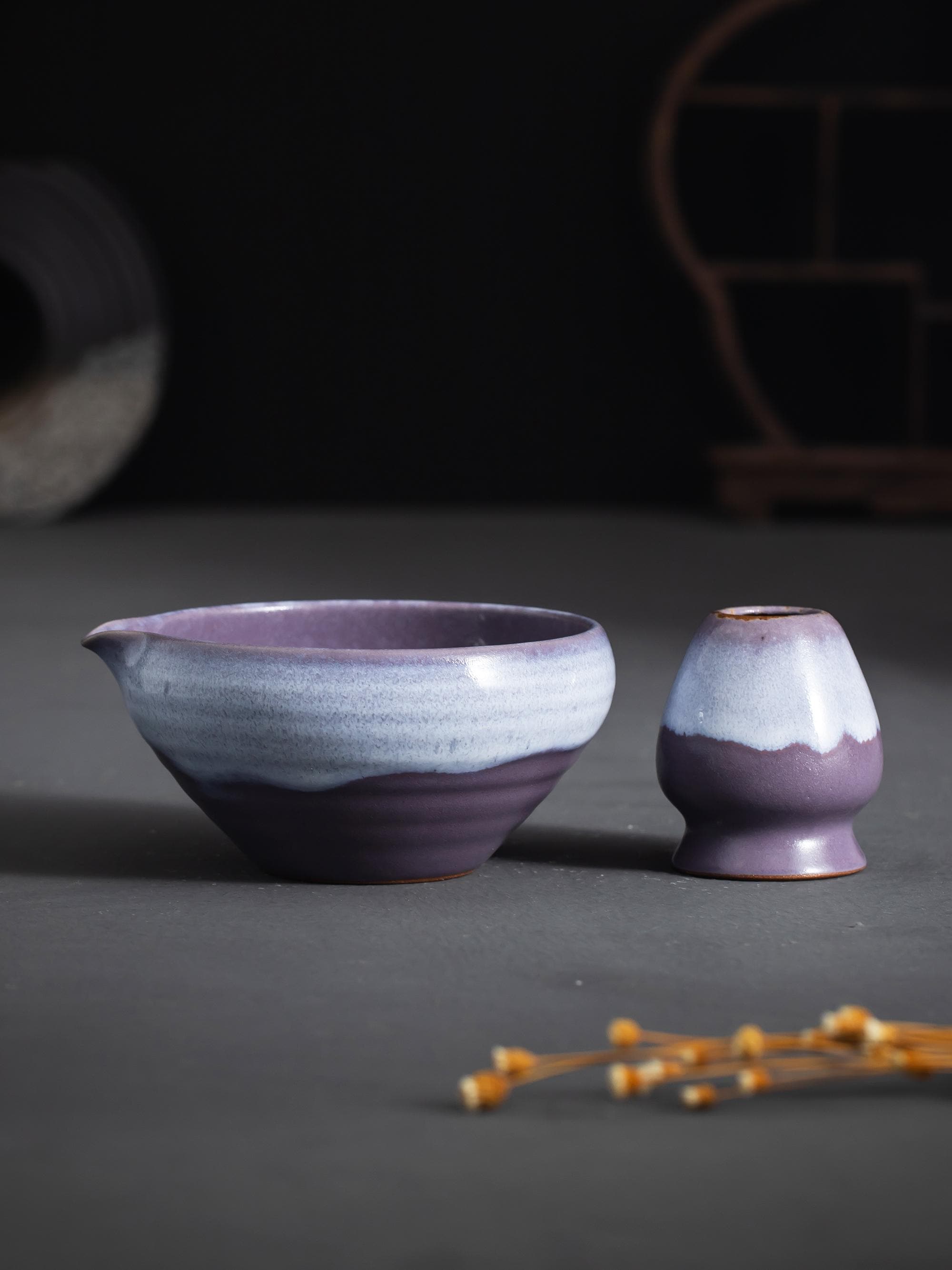 Twilight Meadow Matcha Bowl Set - Purple Clouds and Sky Chawan - Wabi ...