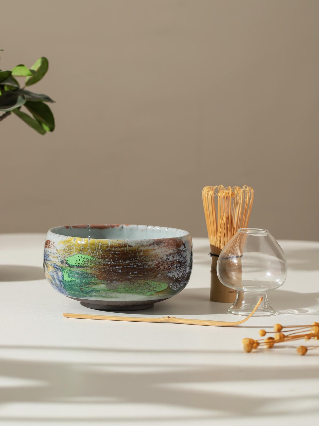 Handmade Pottery Natural Landscape Glazing Matcha Bowl Set With Spout ...