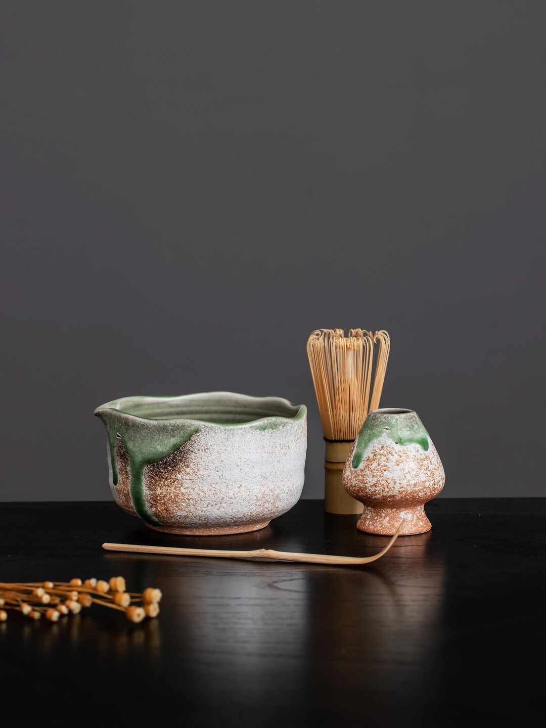 Handmade Vintage Green Flow Glaze Matcha Set With Bowl Matcha Ceremony ...