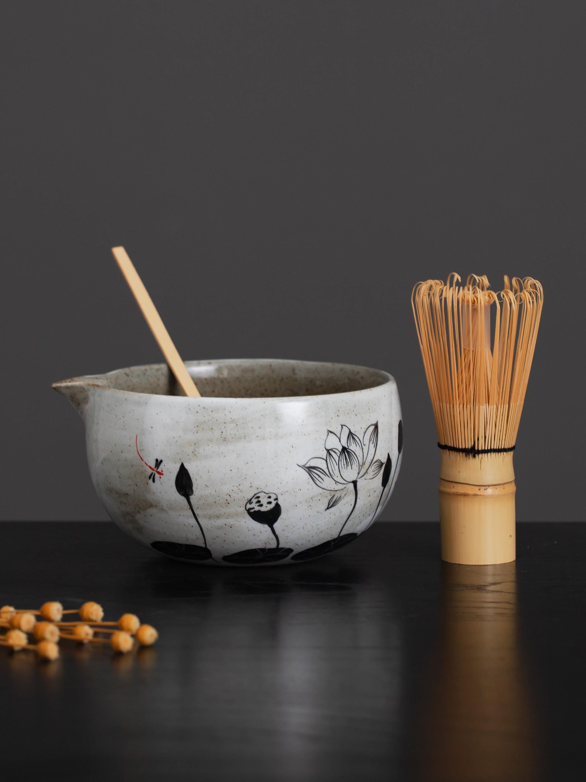 Lotus Matcha Bowl Set, Handmade Ceramic Chawan With Spout, Bamboo Whisk ...