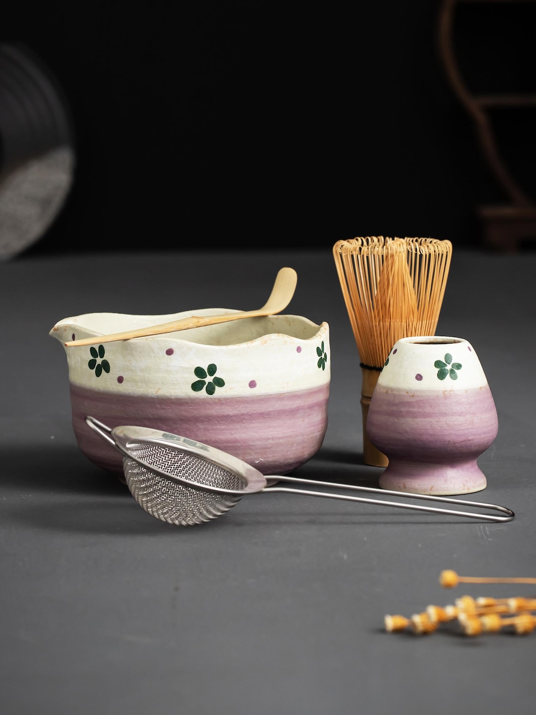 Handcrafted Cherry Blossom Matcha Bowl Set Spout Mottled Style Matcha ...