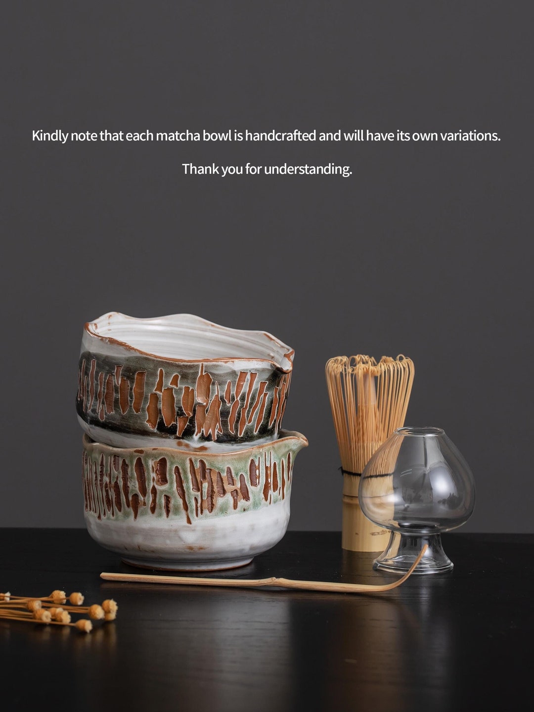 Hand Carved Natural Vertical Stripes Matcha Bowl Set of 4 Handmade ...
