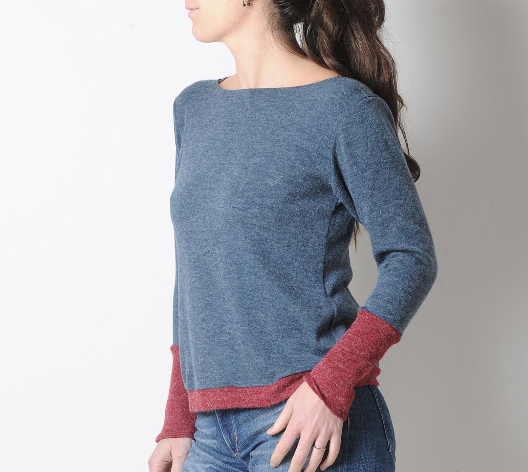 Soft Grey-blue and Crimson Red Sweater, Women's Knit Top, Jersey ...