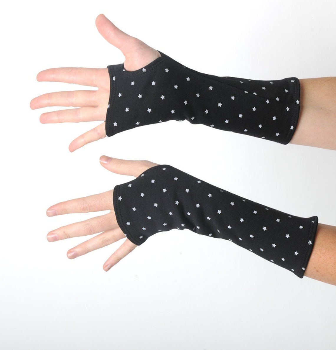 Star Print Gloves, Black Fingerless Gloves With White Stars, Thick ...