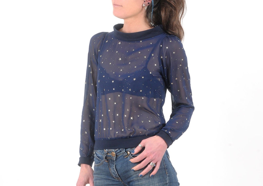 Sheer Navy Blue Blouse With Silvery Stars, Party Clothing, Womens ...