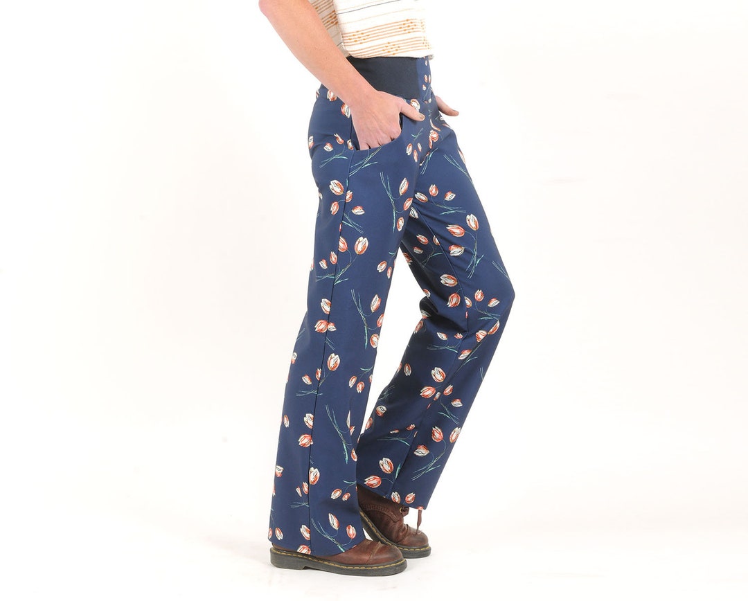 Womens Blue Floral Pants, Straight Legs, Supple Fit, Stretchy Belt ...