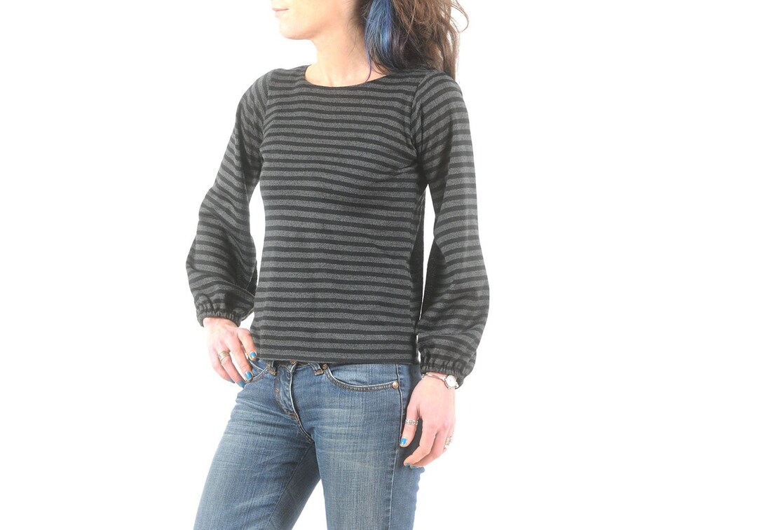 Black and Grey Striped Sweater With Puffy Sleeves, Lightweight Wool ...