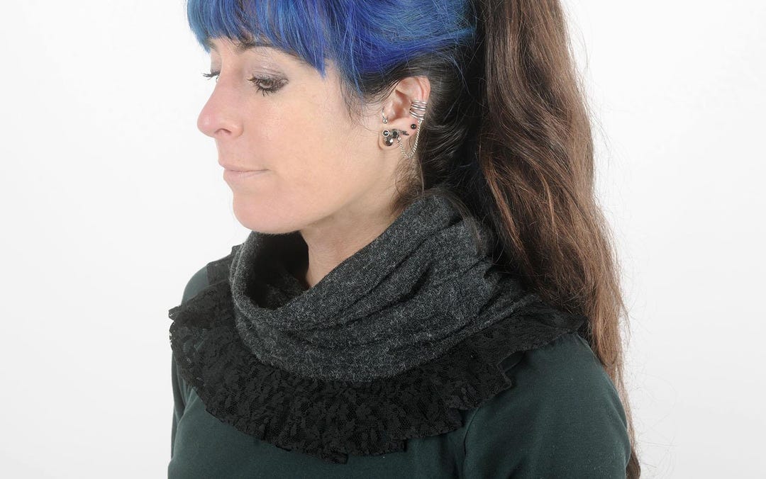 Ruffled Dark Grey Snood, Soft Jersey and Lace Ruffles, Layering Winter ...