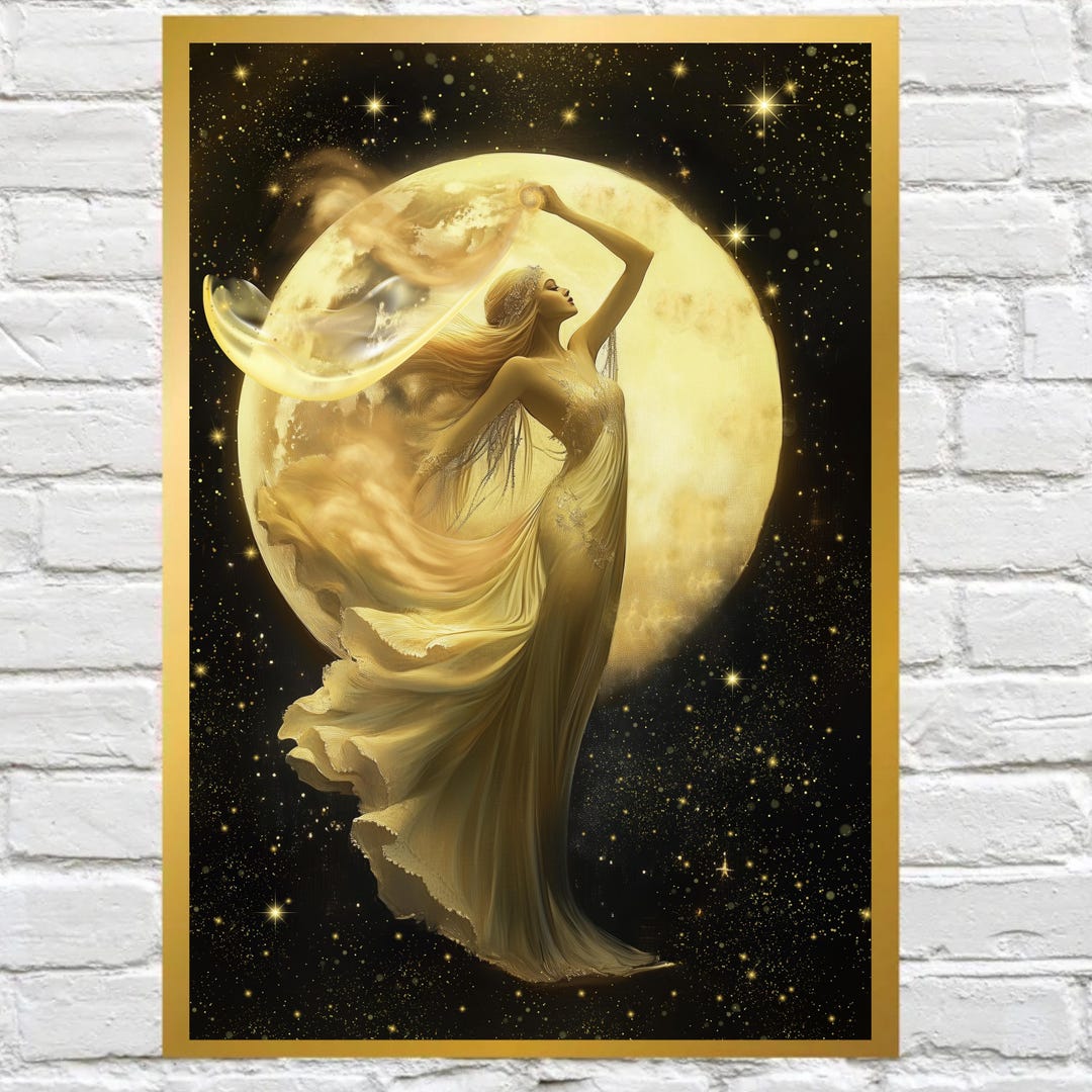 Golden Goddess of the Moon Vintage Art, Full Moon Vintage Poster, Moon ...