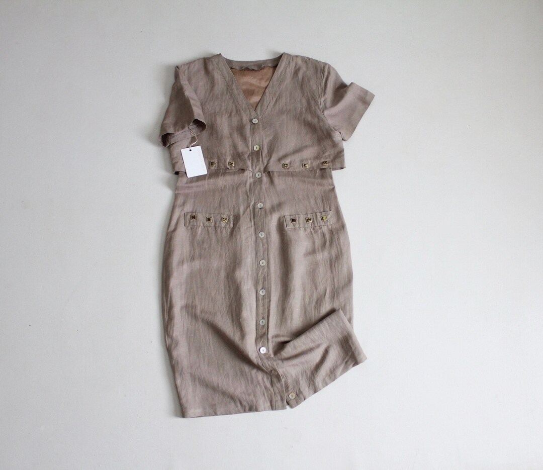 Layered Ramie Dress | Button Down Dress | Studded Taupe Dress - Etsy