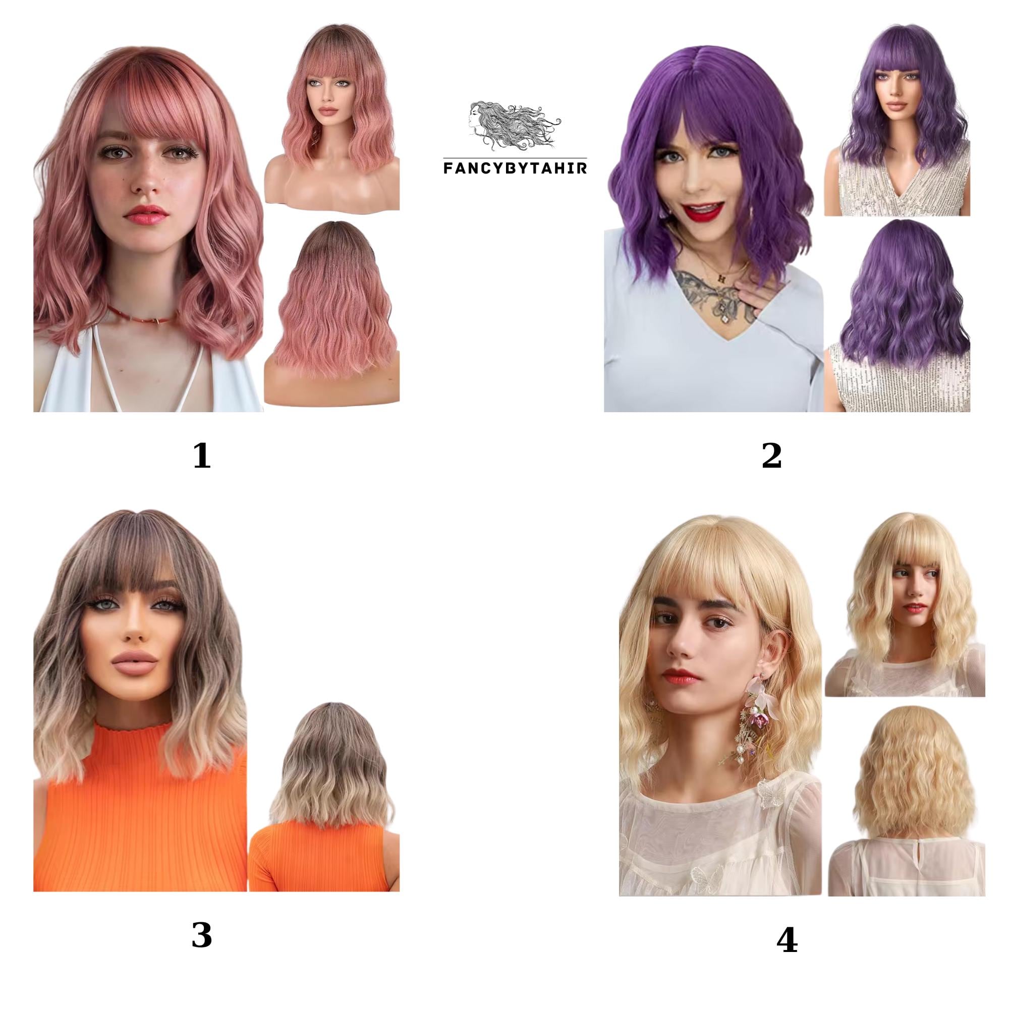 Short Bob Synthetic Wigs With Bangs Ombre Pink Natural Water Wave Wig ...