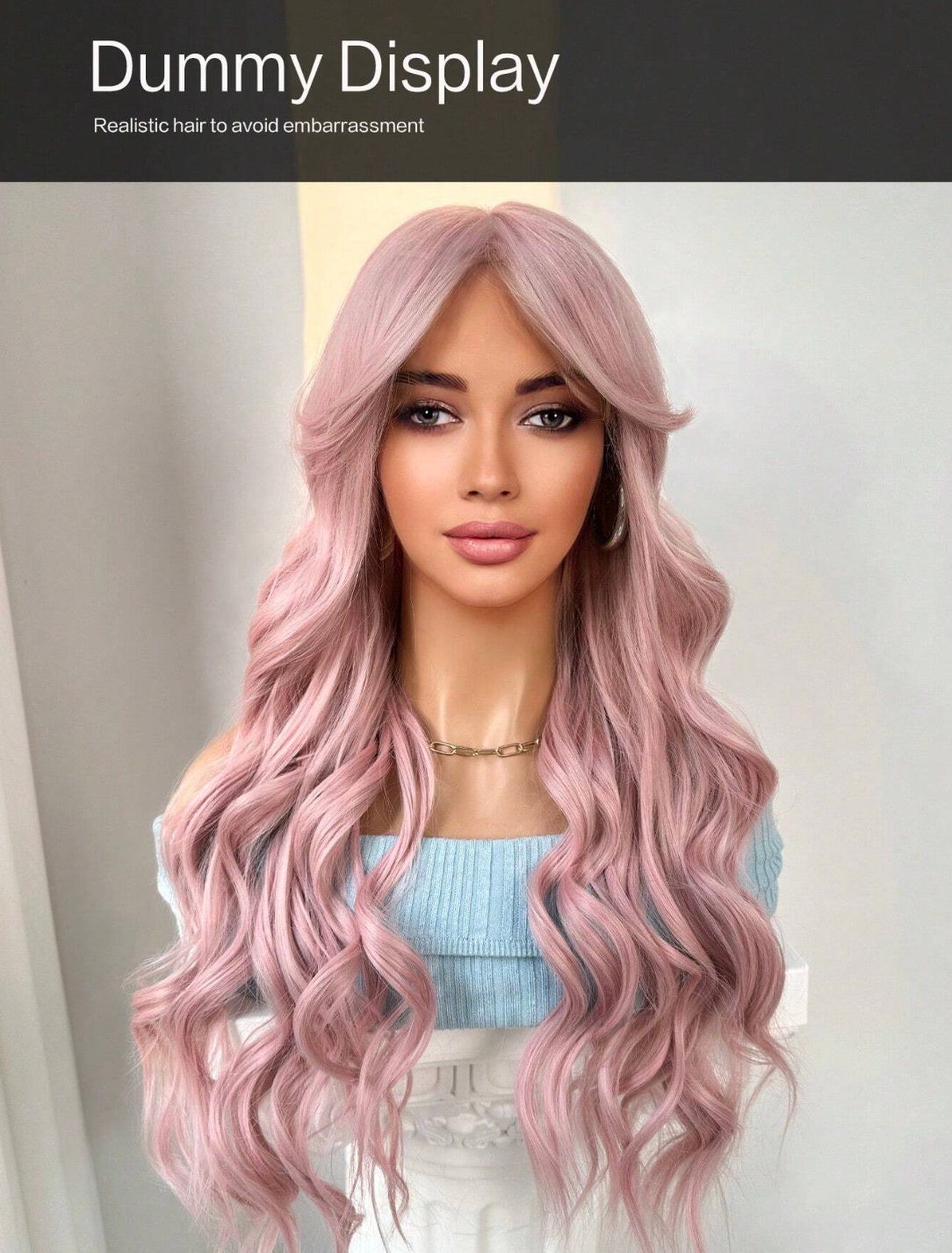 28-inch Water Wave Pink Wig With Bangs Heat-resistant Fiber, Long ...