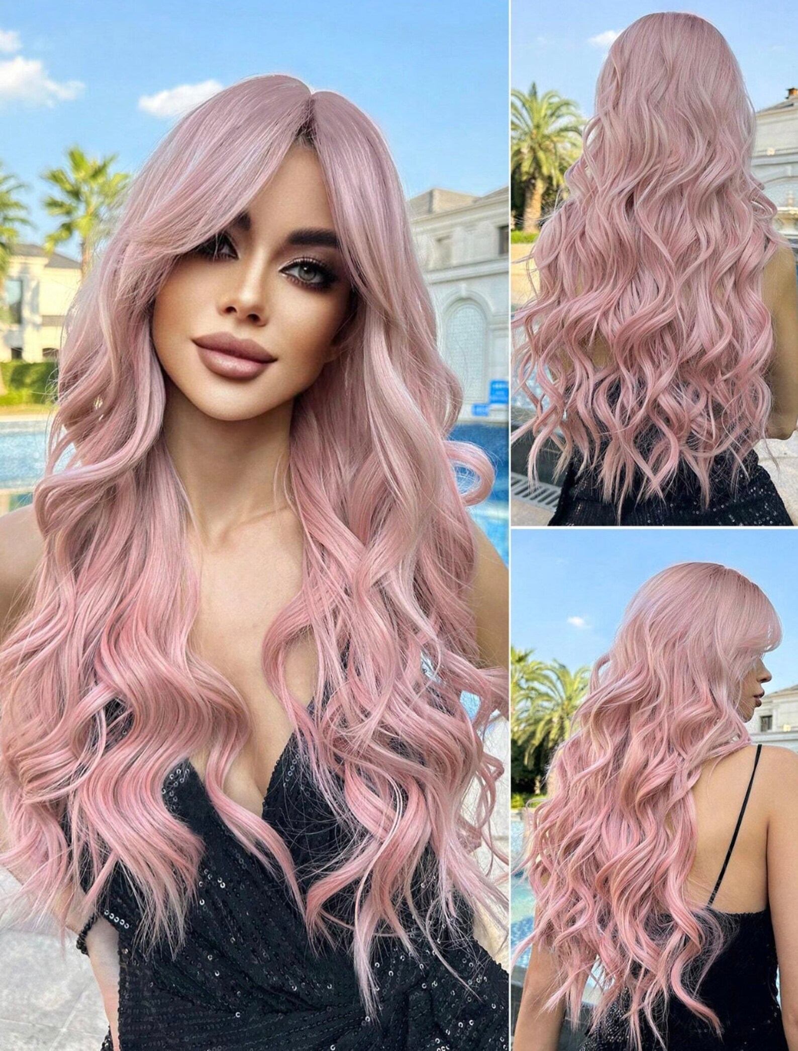 28-inch Water Wave Pink Wig With Bangs Heat-resistant Fiber, Long ...